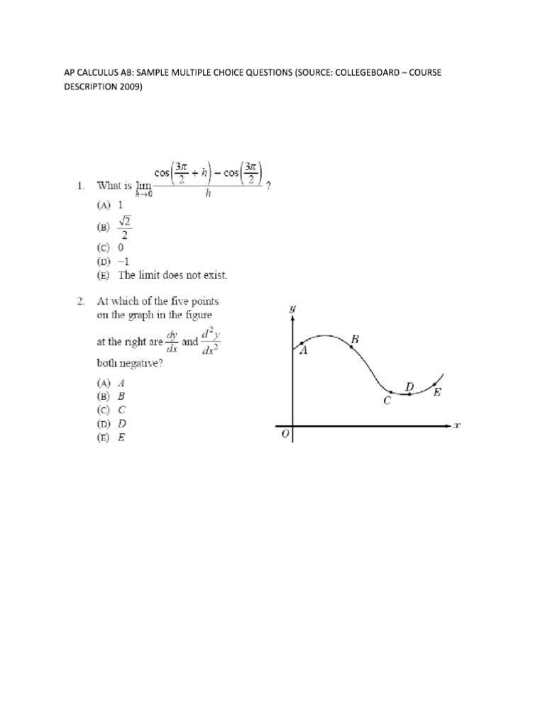 2009 Ap Calculus Ab Sample Mc With Key Pdf