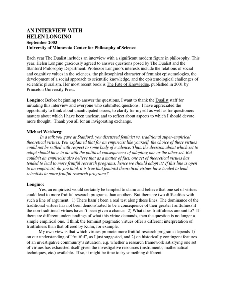 Helen Longino, Interview | Epistemology | Gender