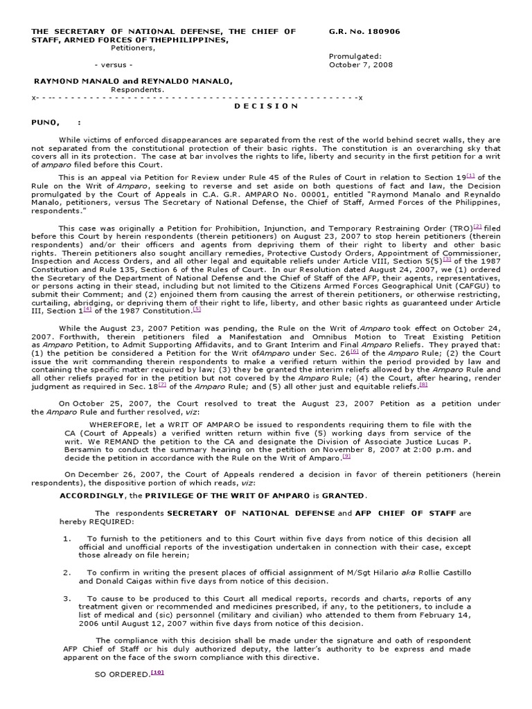 Manalo Brothers (Writ of Amparo) | PDF | Common Law | Judiciaries