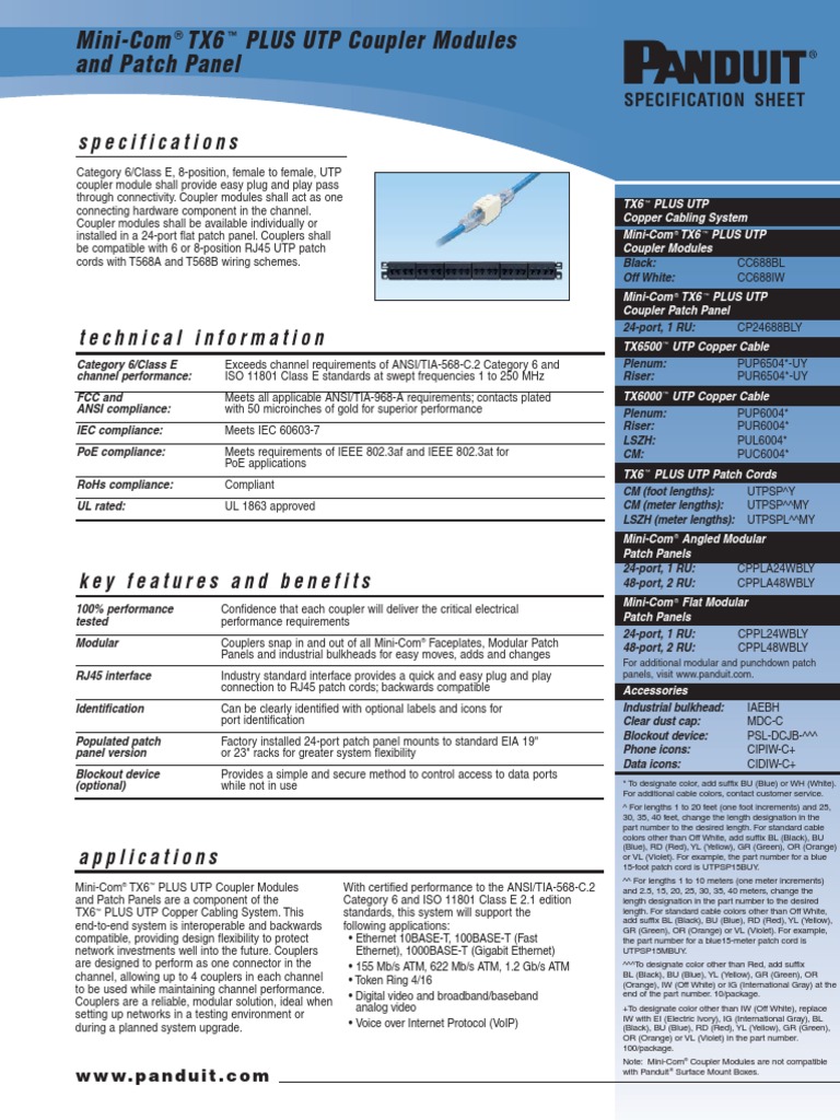 Mini-Com Cat6E - ®TX6 ™ PLUS UTP Coupler Modules | PDF | Electrical ...