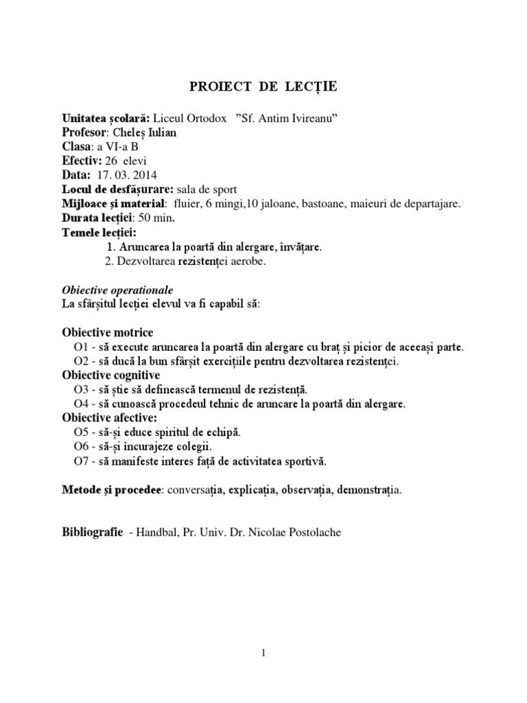 Plan de Lectie Clasa A VI-a Educatie Fizica, Handbal, Rezistenta | PDF