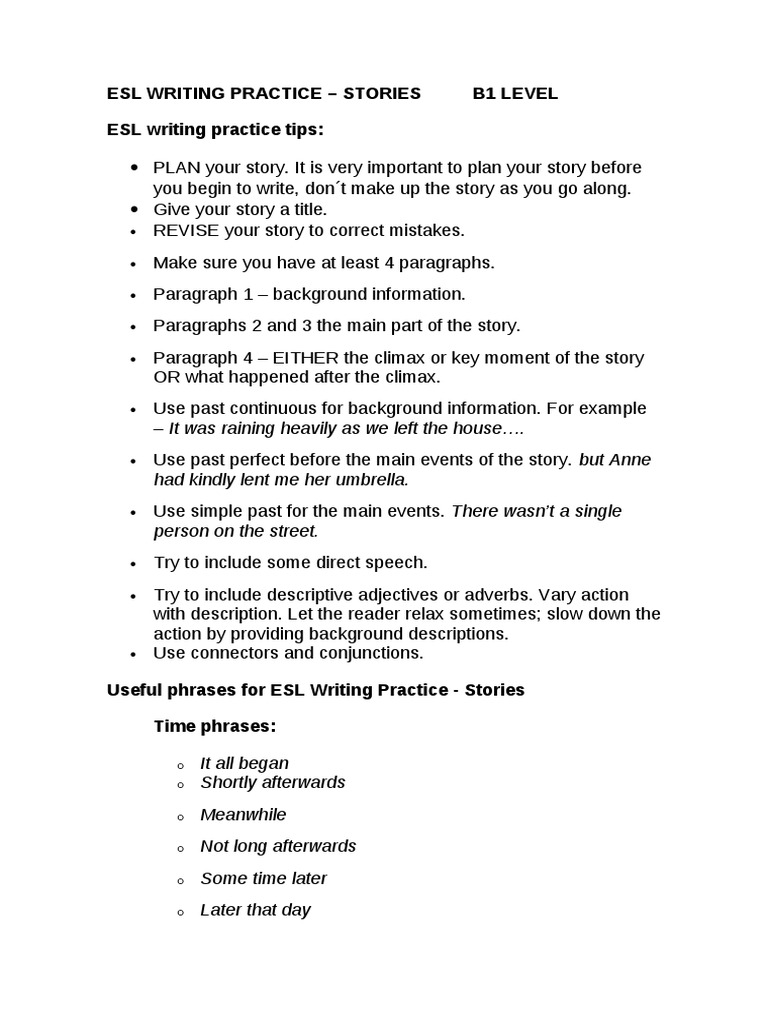 Esl Writing Practice - Stories B1 Level ESL Writing Practice Tips | PDF