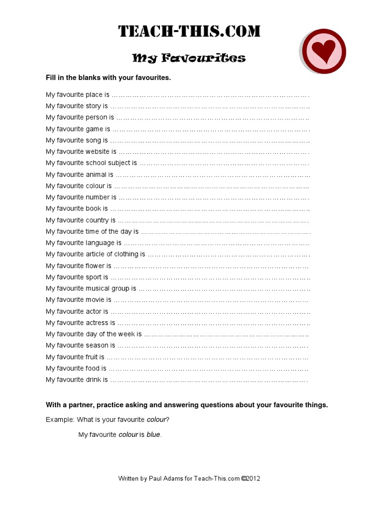 My Favourites: Fill in The Blanks With Your Favourites | PDF | Games ...