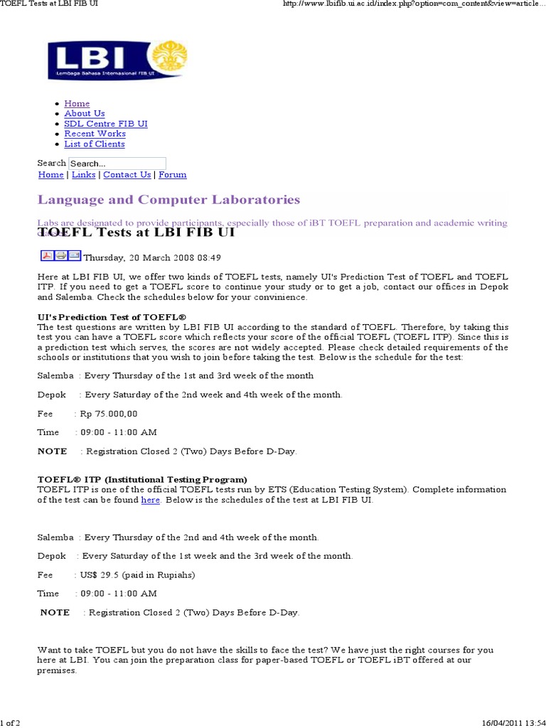 TOEFL Tests at Lbi Fib Ui | Test Of English As A Foreign Language ...