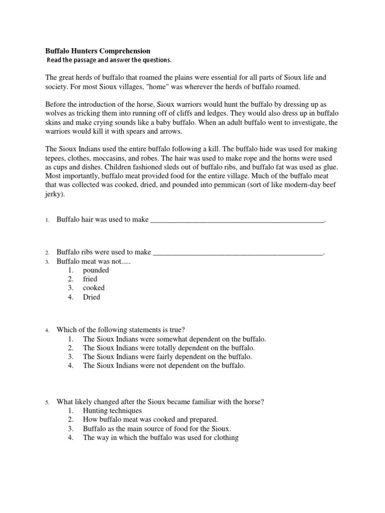 Buffalo Hunters Comprehension | PDF | American Bison | Sioux