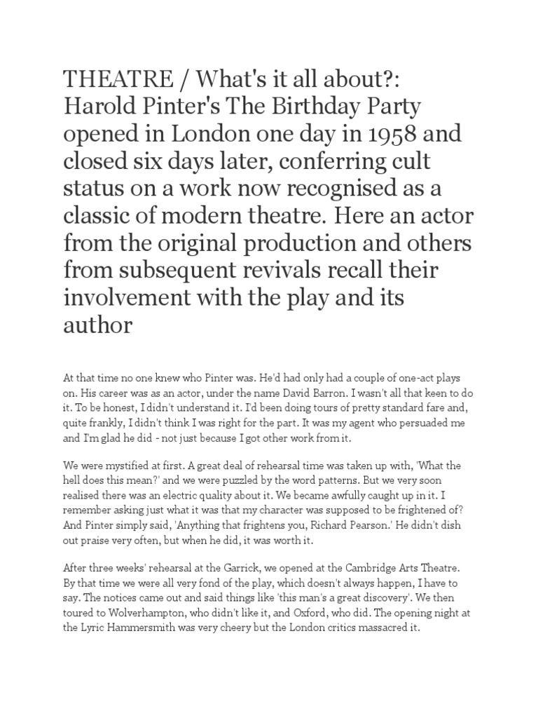 Harold Pinter's The Birthday Party | PDF | Theatre | Entertainment
