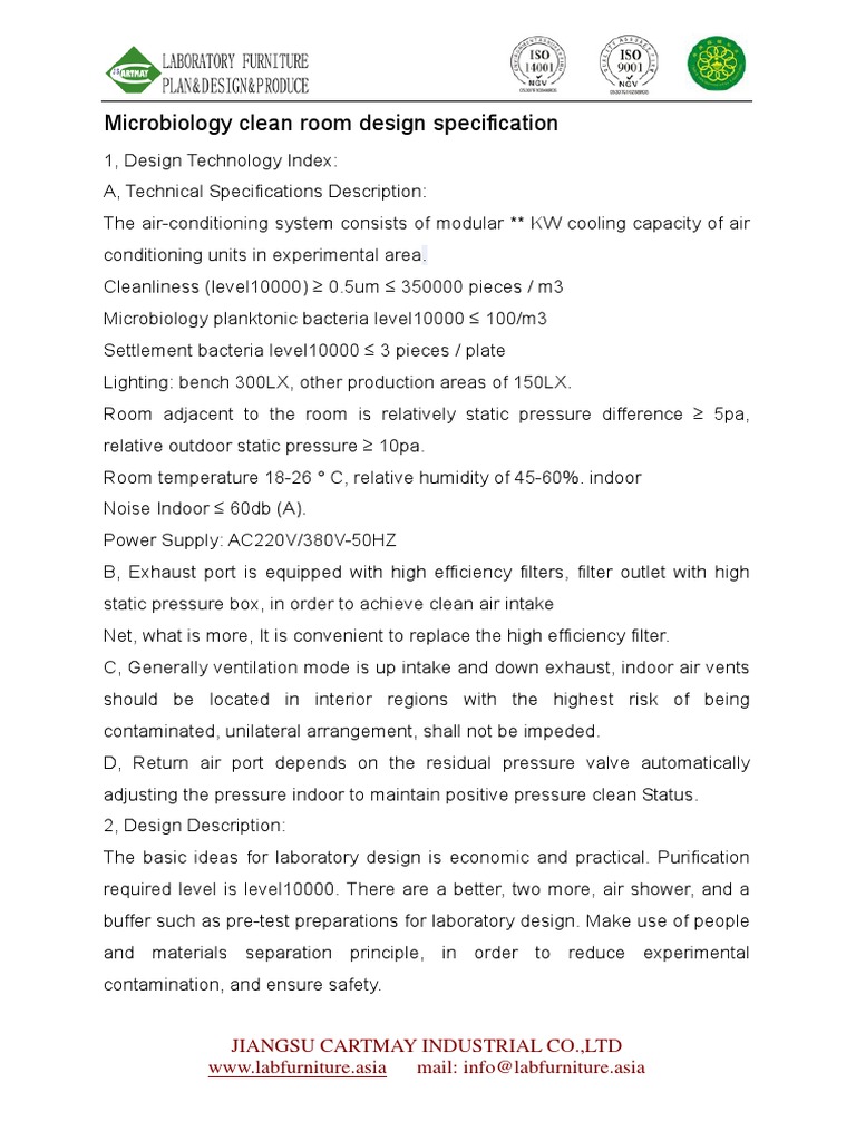 Microbiology Clean Room Design Specification | PDF | Ventilation ...