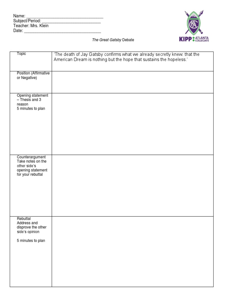 Great Gatsby Debate Preparation Guide | PDF | Law