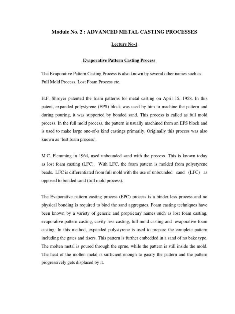 Module No 2 Advanced Metal Casting Processes Pdf