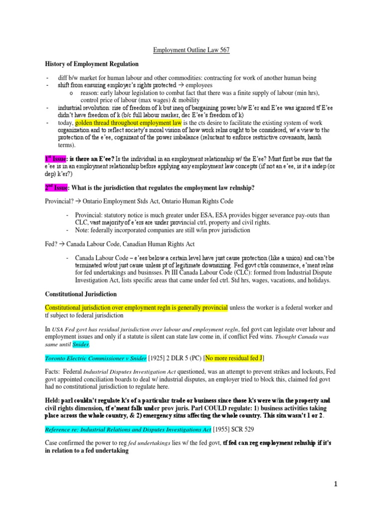 Employment Outline Short Law 567 | Contractual Term | Employment