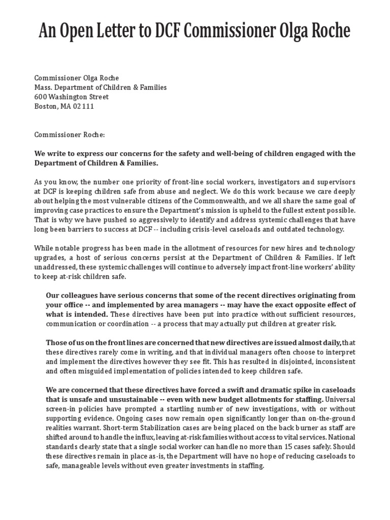 Open Letter To Commissioner Roche | PDF | Child Protective Services ...