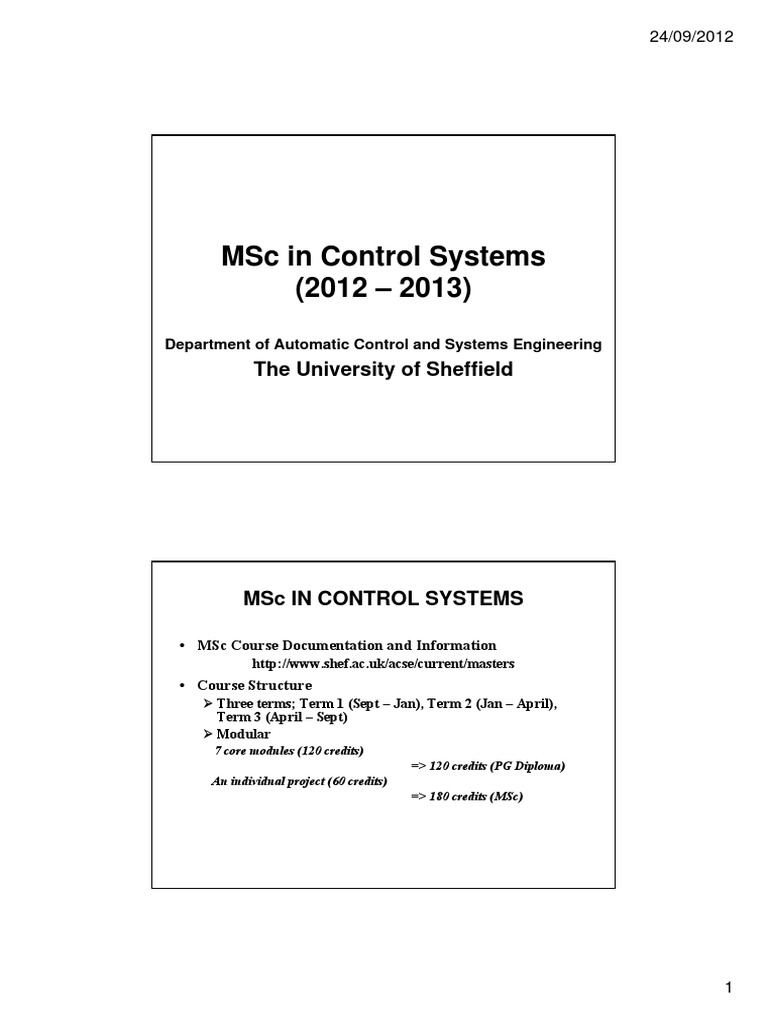 MSC in Control Systems 2012-13 - Introductory Presentation | PDF ...