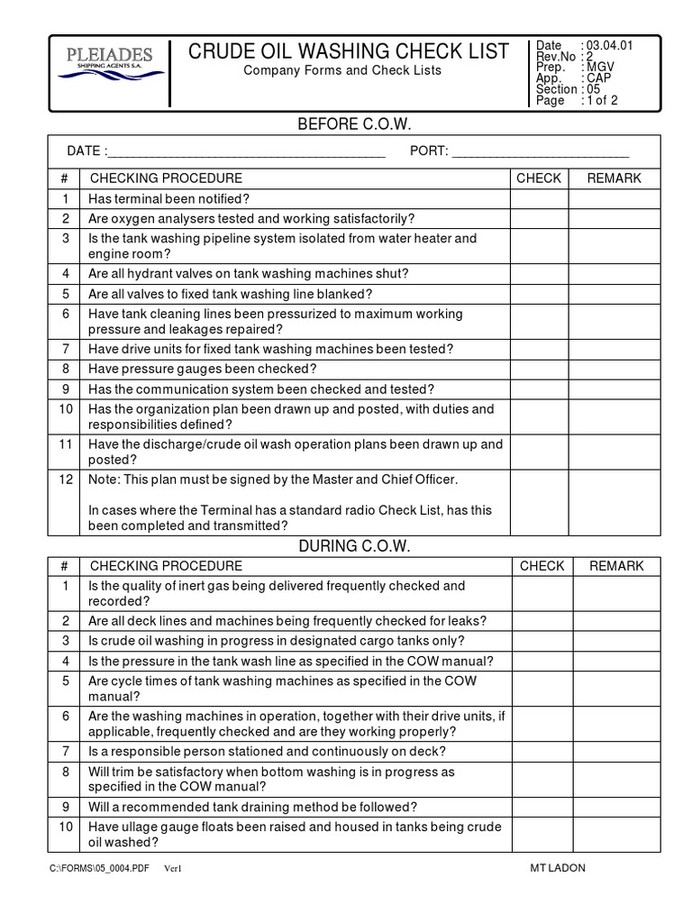Crude Oil Washing Check List: Before C.O.W | PDF | Leak | Valve