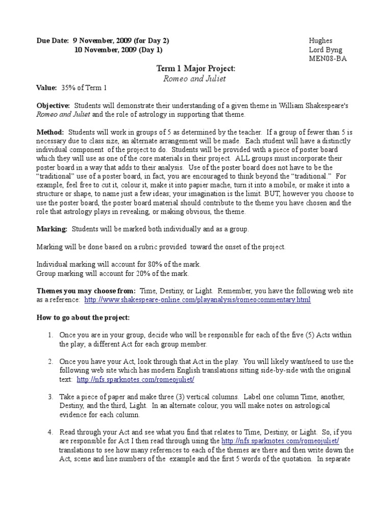 Romeo and Juliet Astrology Project Guide | PDF | Rubric (Academic ...