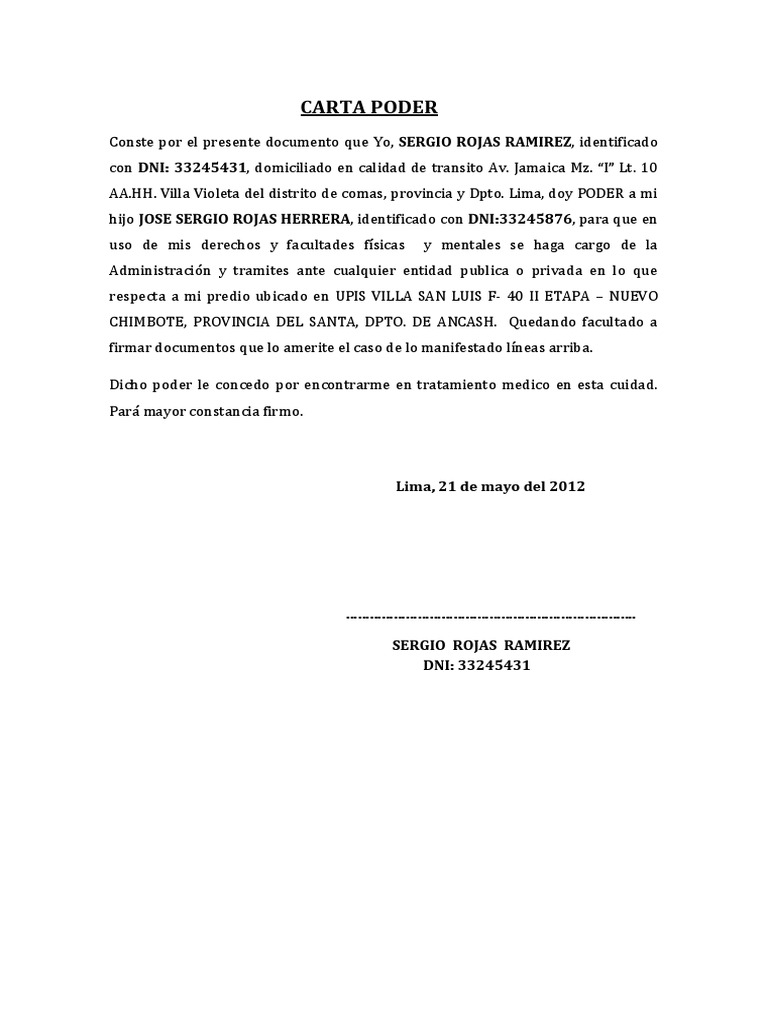 Carta poder para la administración de un predio en Nuevo Chimbote a ...