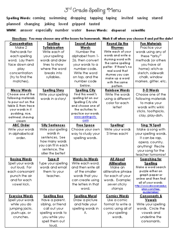 Spelling Menu March 24 | PDF | Languages | Language Arts & Discipline