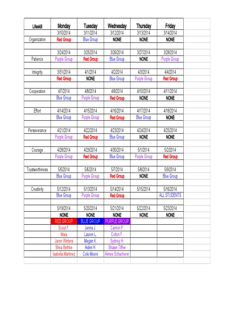 Lifeskills Weekly Group Schedule | PDF | Lifestyle