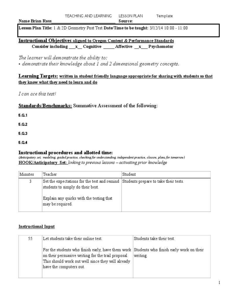 1 & 2D Geometry Post Test Lesson Plan | PDF | Lesson Plan | Educational ...