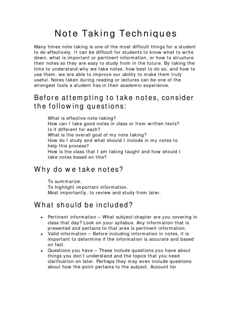 Note Taking Techniques | PDF | Lecture | Test (Assessment)
