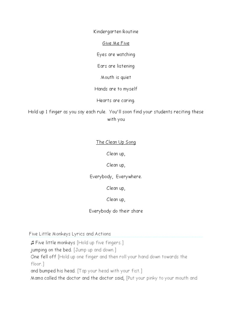 Kindergarten Songs and Routines | PDF | Language Arts & Discipline ...