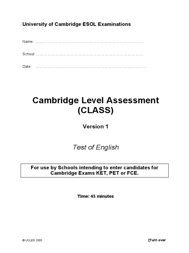 Cambridge Level Assessment (Class) : Test of English | PDF