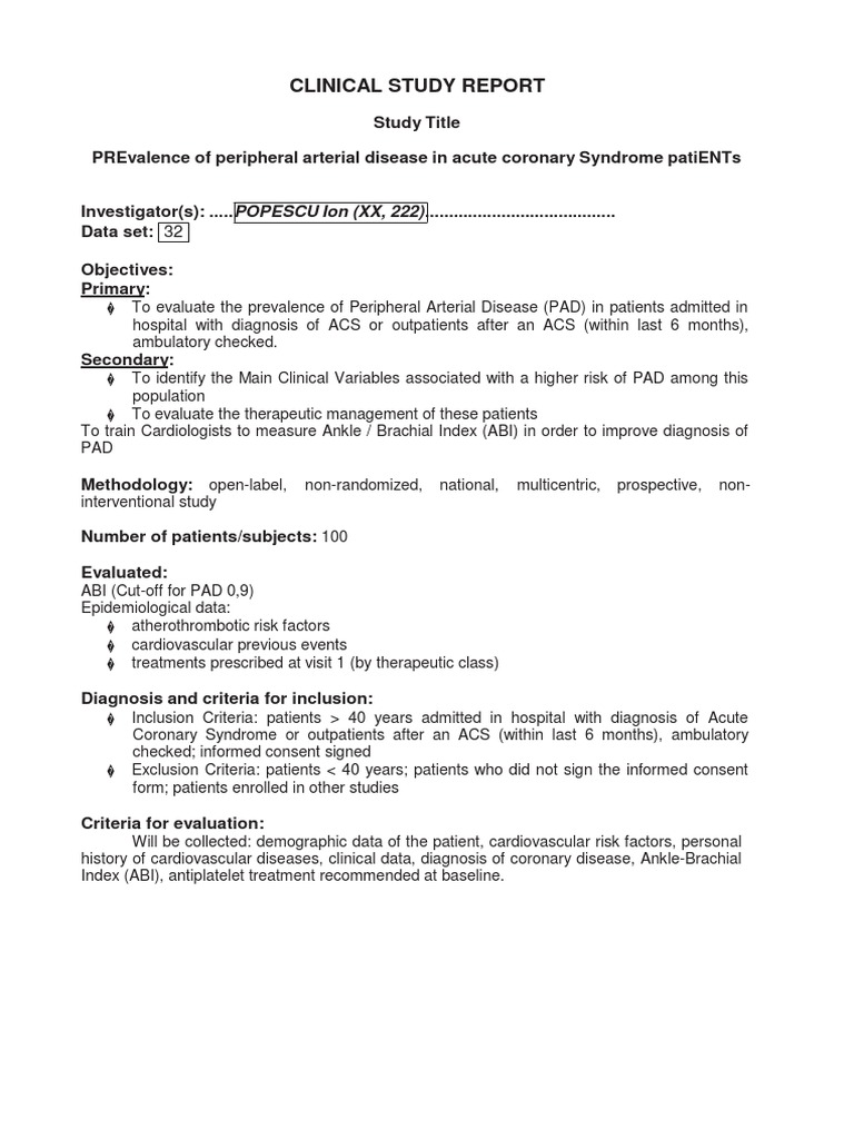 Clinical Study Report | PDF | Cardiovascular Diseases | Coronary Artery ...