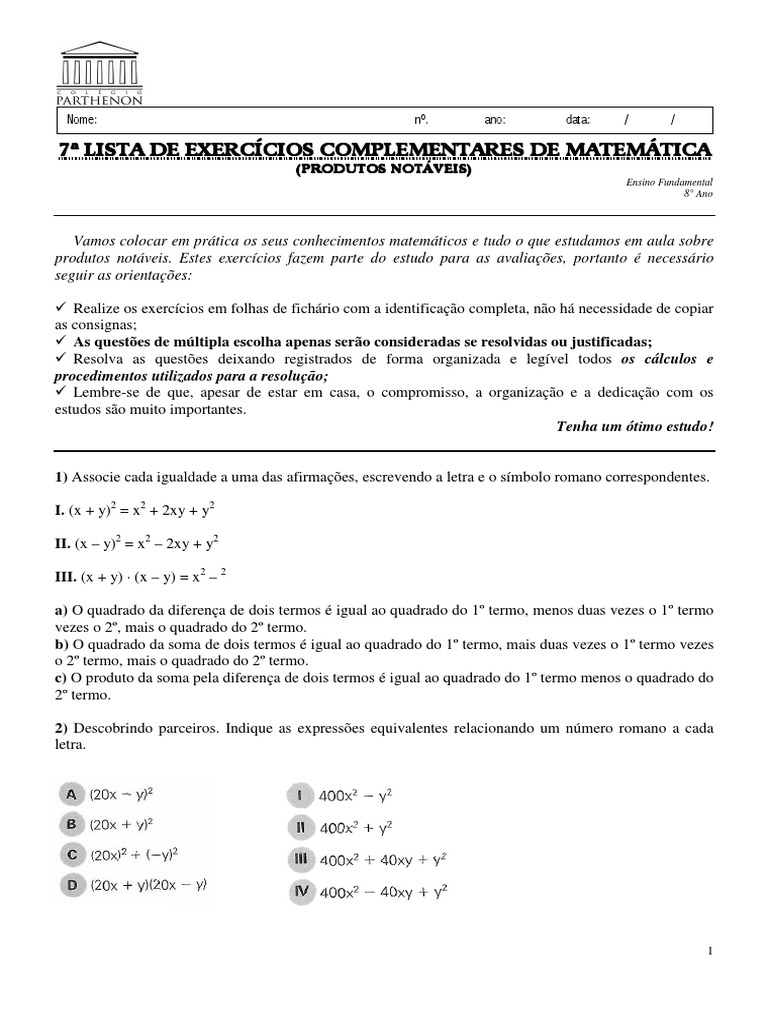 7 Lista de Exercicios Complementares de Matematica Professora Michelle 8 Ano | PDF | Ensino de ...