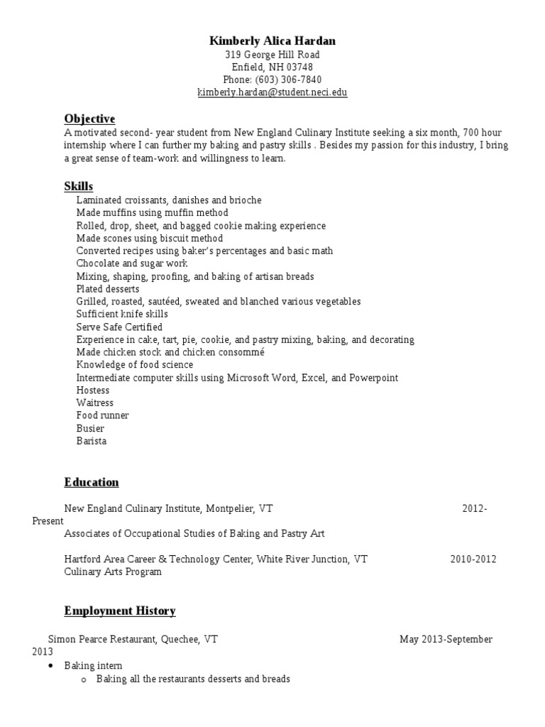 Baking and Pastry Internship Resume | PDF