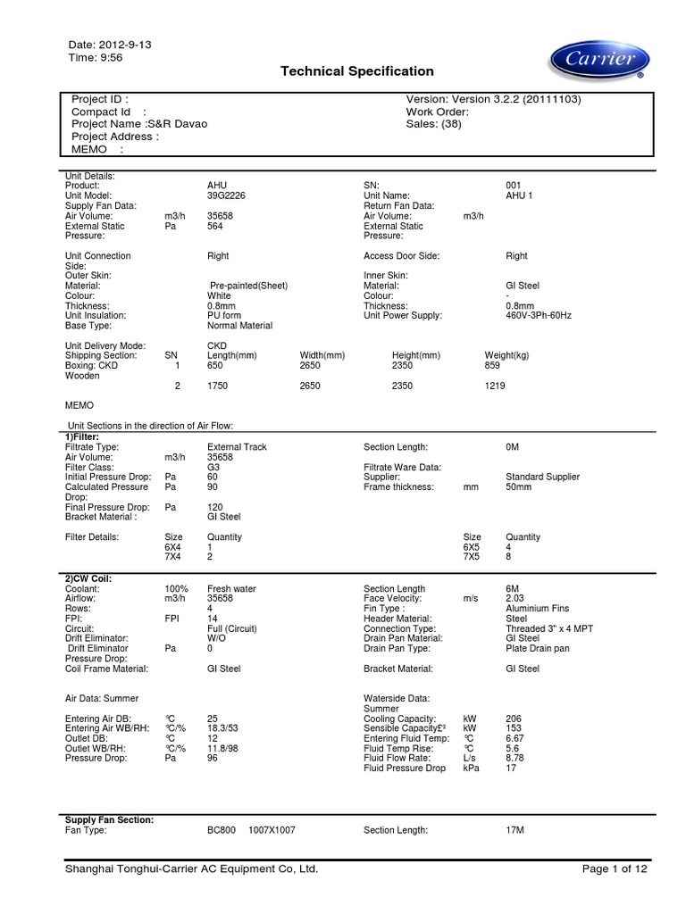 AHU Technical Specifications PDF | PDF | Pressure | Alternating Current