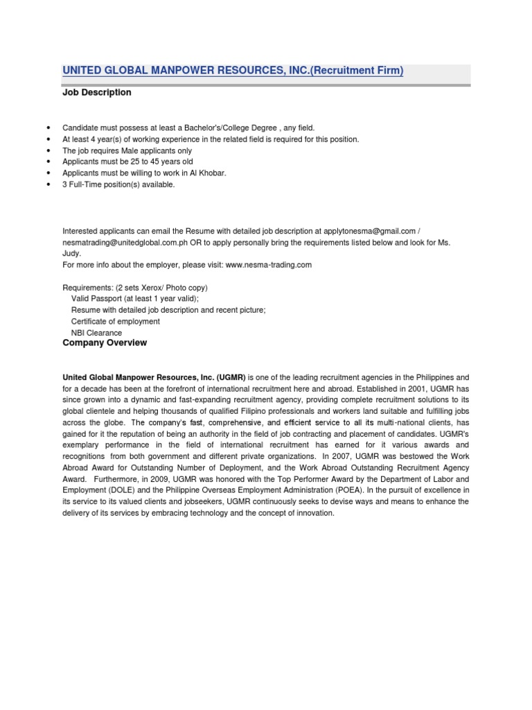 United Global Manpower Resources, Inc. (Recruitment Firm) : Job ...