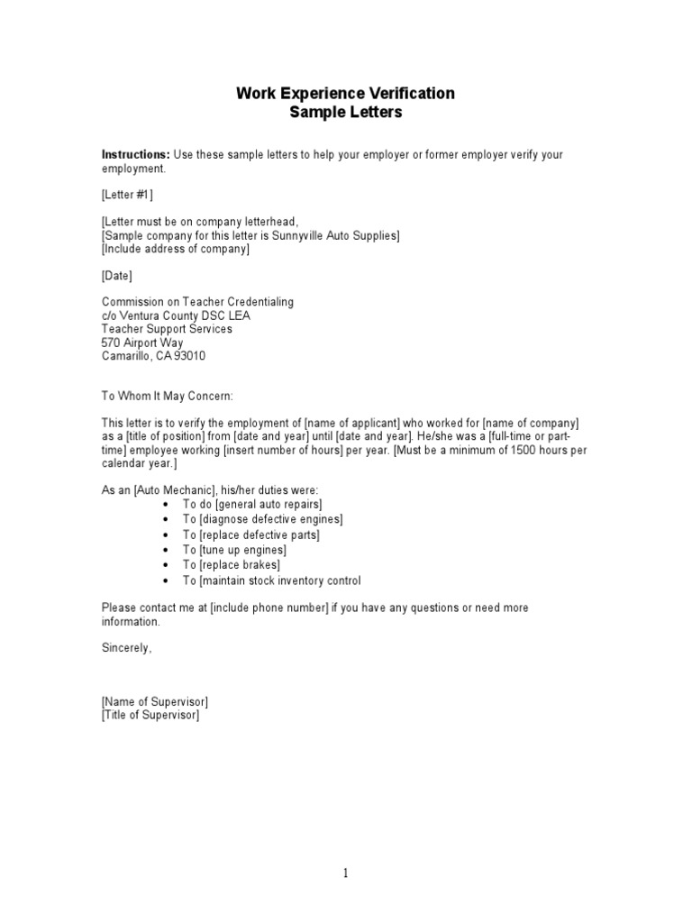 Sample Letters - Work Experience Verification | PDF