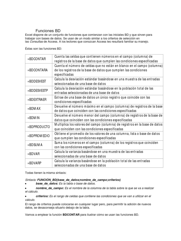 Funciones BD | PDF | Fórmula | Bases de datos