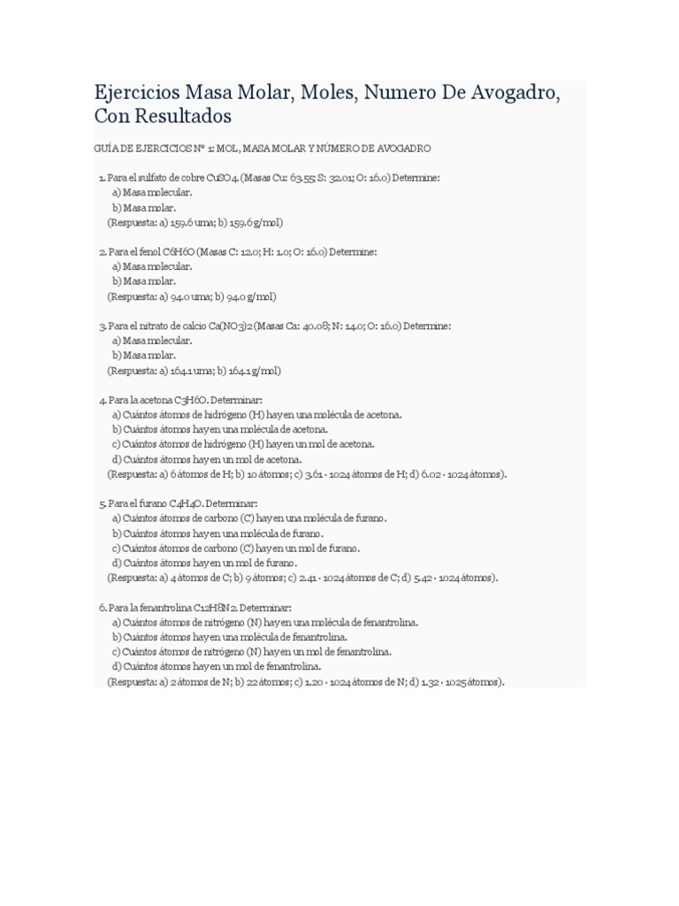 Ejercicios Masa Molar | PDF | Mole (Unidad) | Oxígeno