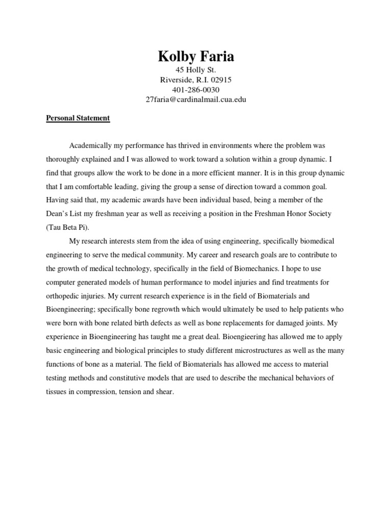 Biomedical Engineering Personal Statement | PDF | Career & Growth