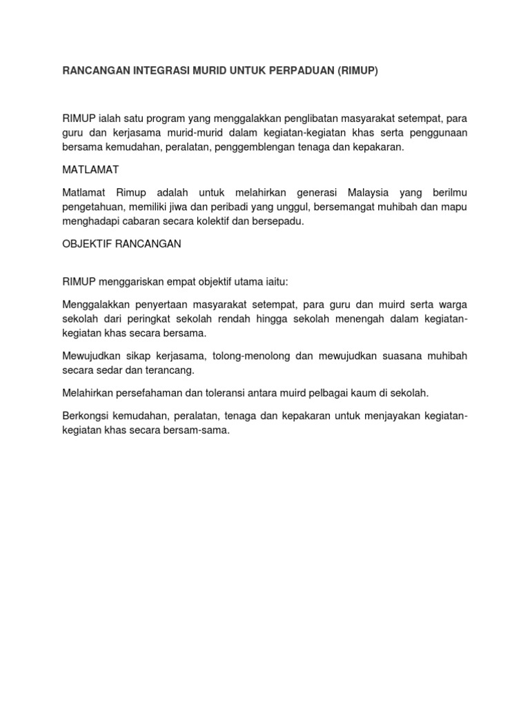 Rancangan Integrasi Murid Untuk Perpaduan (Rimup) | PDF