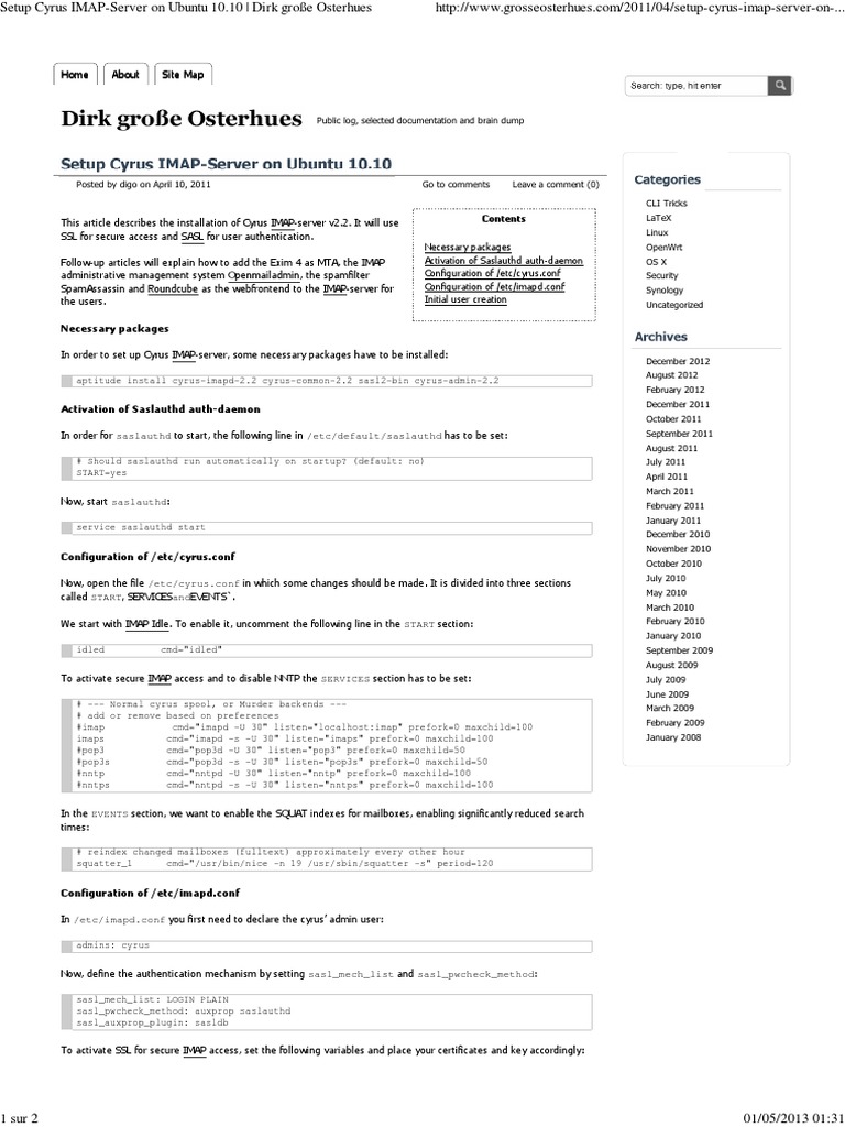 Setup Cyrus IMAP-Server On Ubuntu 10.10 - Dirk Große Osterhues | PDF | Password | User (Computing)