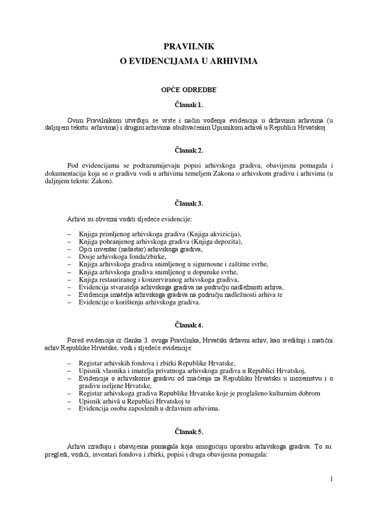 Pravilnik o Evidencijama U Arhivima | PDF