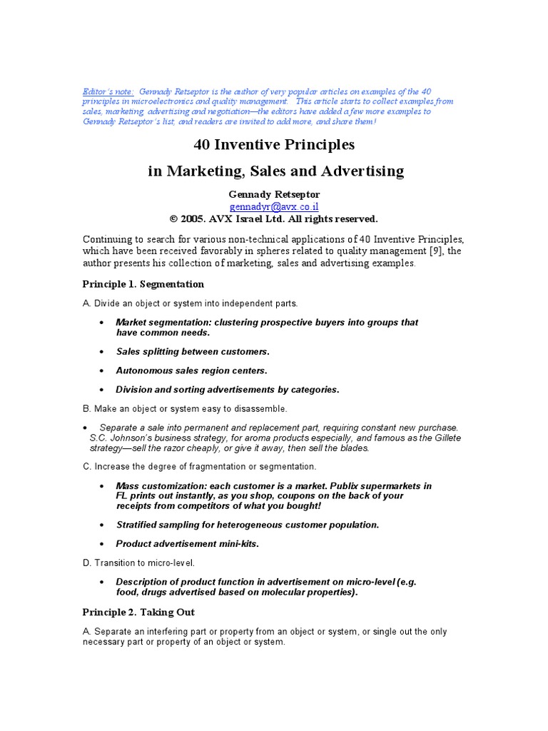 40 Inventive Principles in Marketing, Sales and Advertising | PDF ...