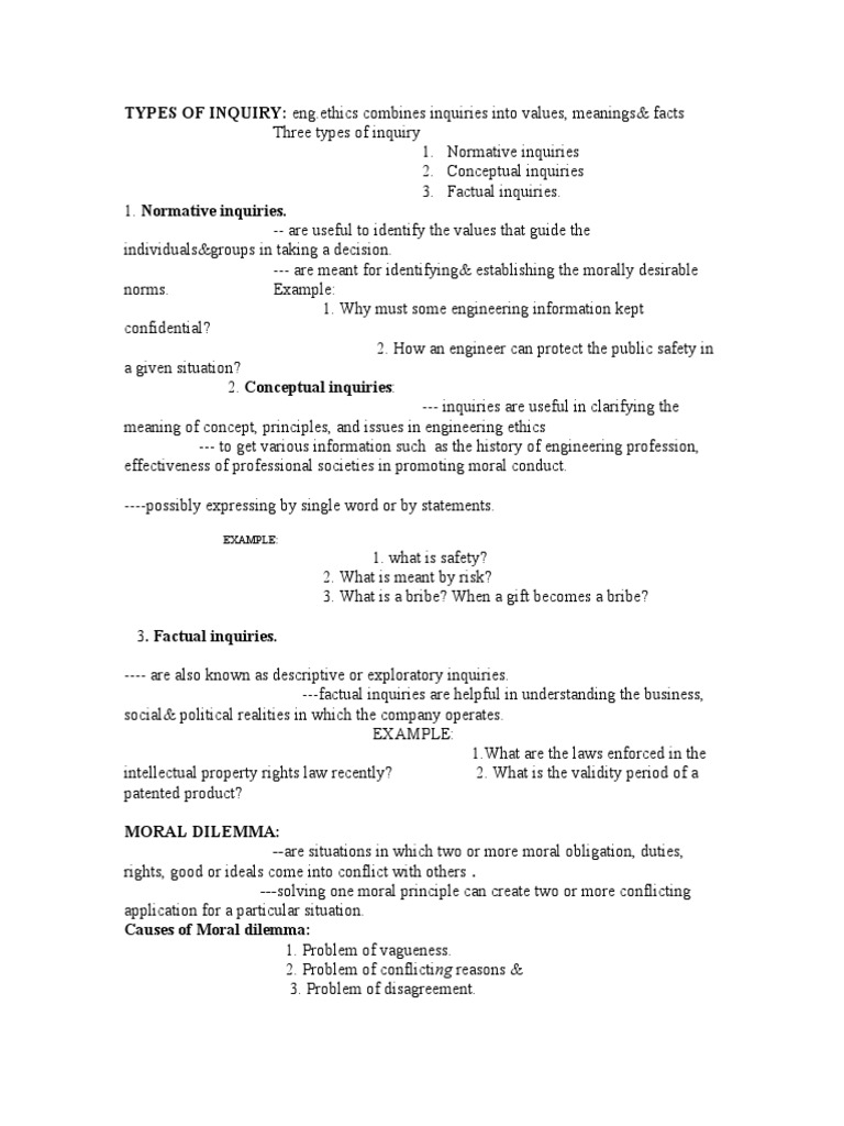 TYPES OF INQUIRY: Eng - Ethics Combines Inquiries Into Values, Meanings ...