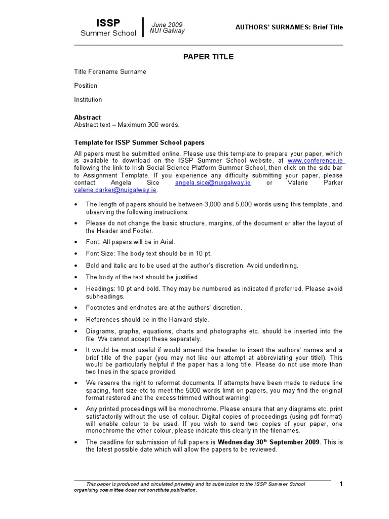 ISSP Summer School Paper Template | PDF | Text | Printing