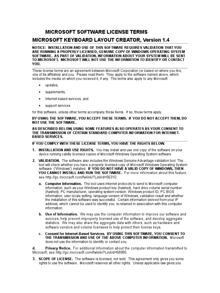 Microsoft Software License Terms Microsoft Keyboard Layout Creator ...