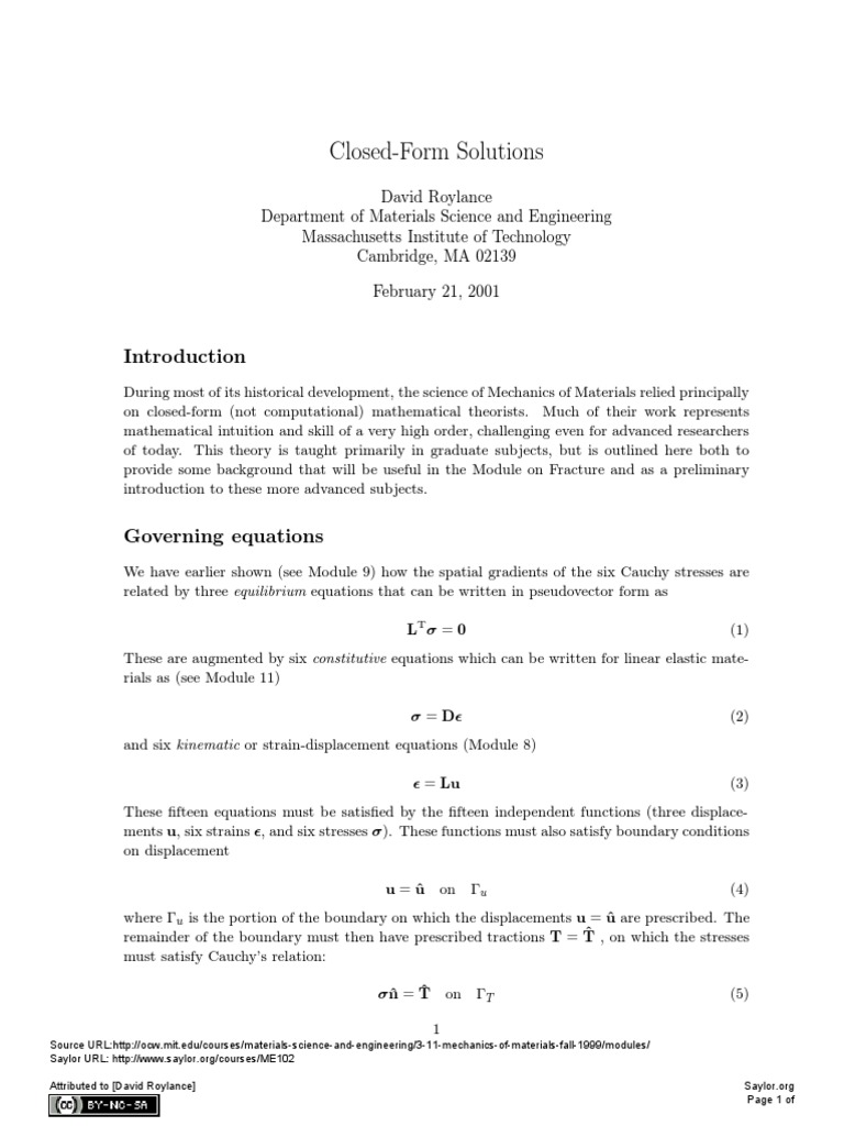 Closed-Form Solutions | PDF | Linear Elasticity | Stress (Mechanics)