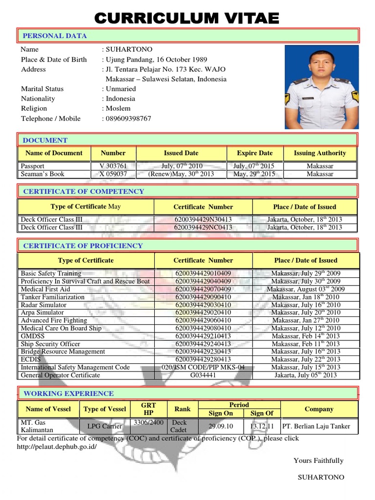 CV Pelaut | PDF | Transport | Water Transport