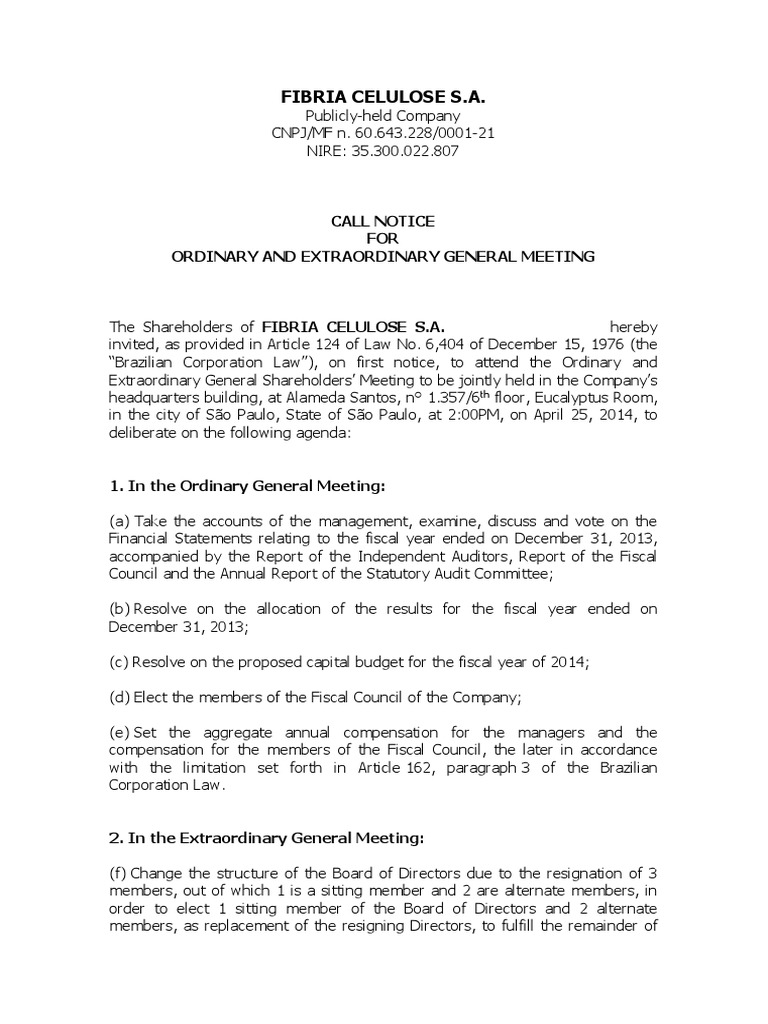 Call Notice Ordinary and Extraordinary Shareholder's General Meeting ...