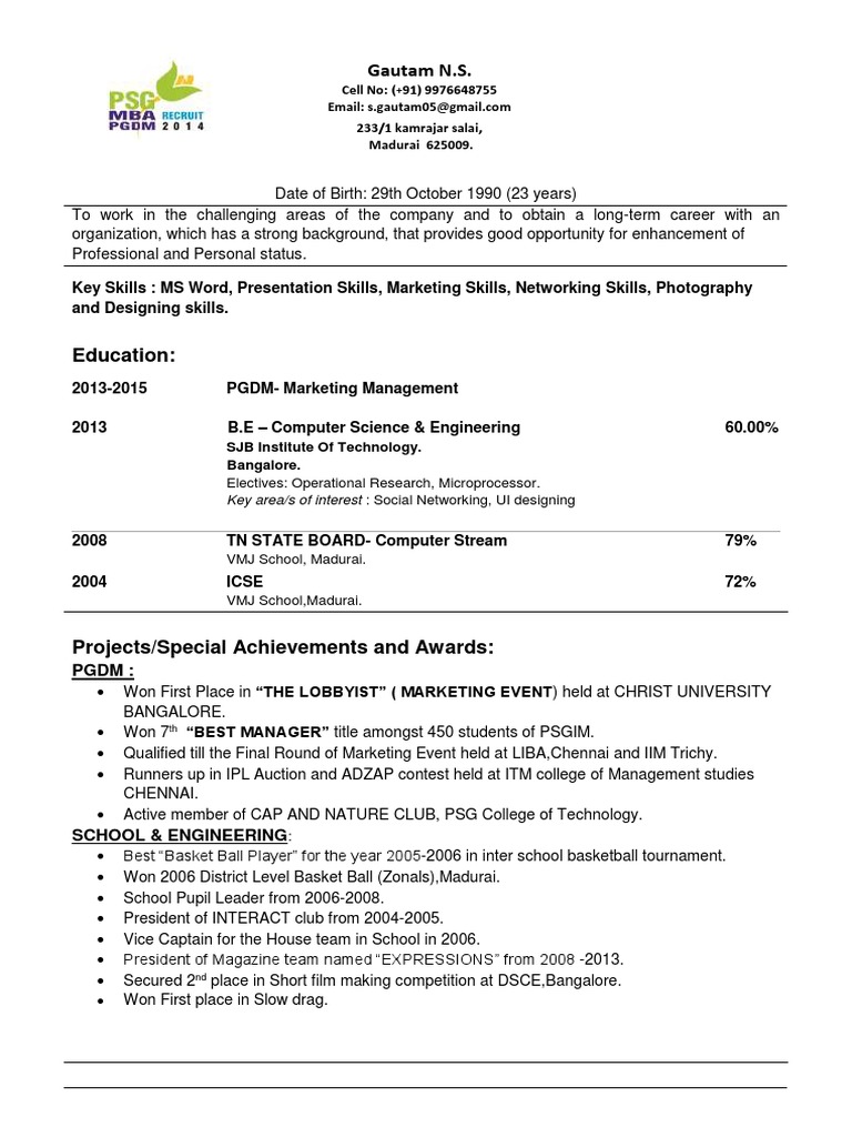 Resume of Gautam's Resume | PDF | Bangalore | Computing And Information Technology