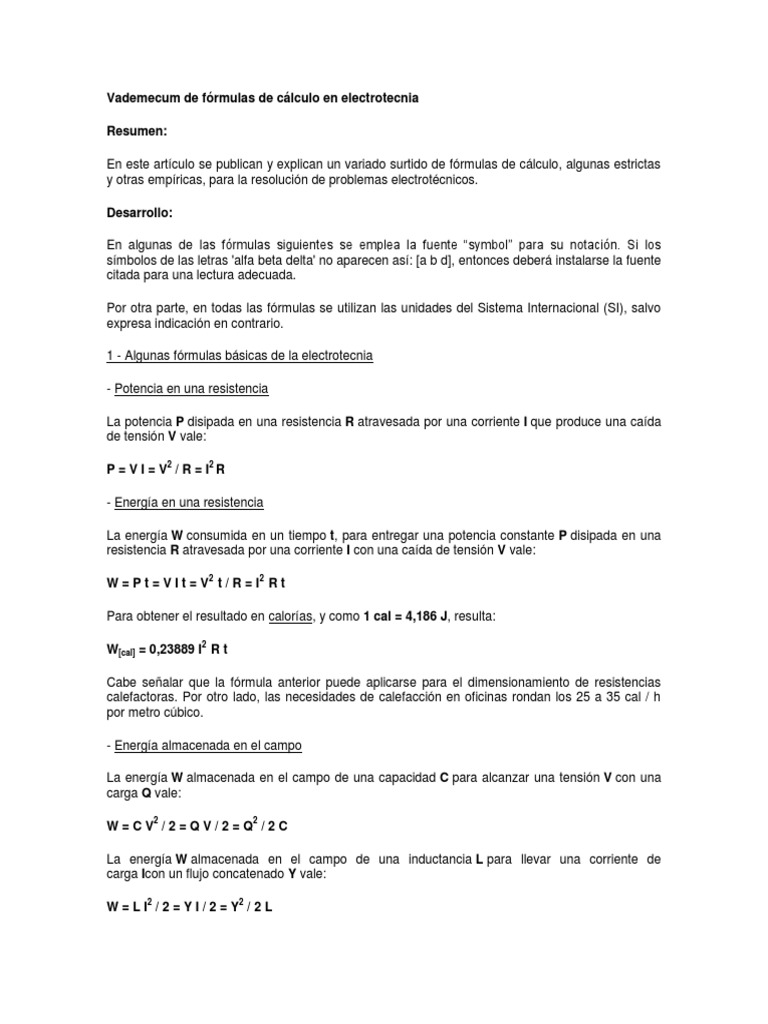 Vademecum de Fórmulas de Cálculo en Electrotecnia | PDF | Energia ...