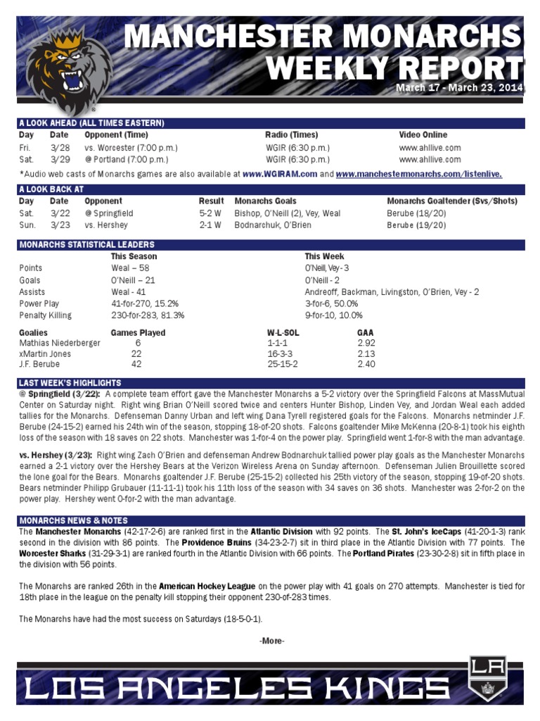 Monarchs Weekly Report: March 17-23, 2014 | PDF | National Hockey ...