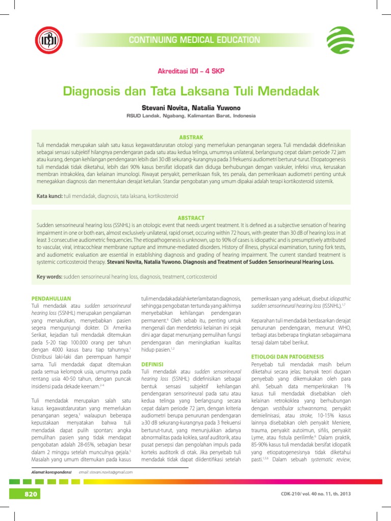 Diagnosis Dan Tata Laksana Tuli Mendadak | PDF