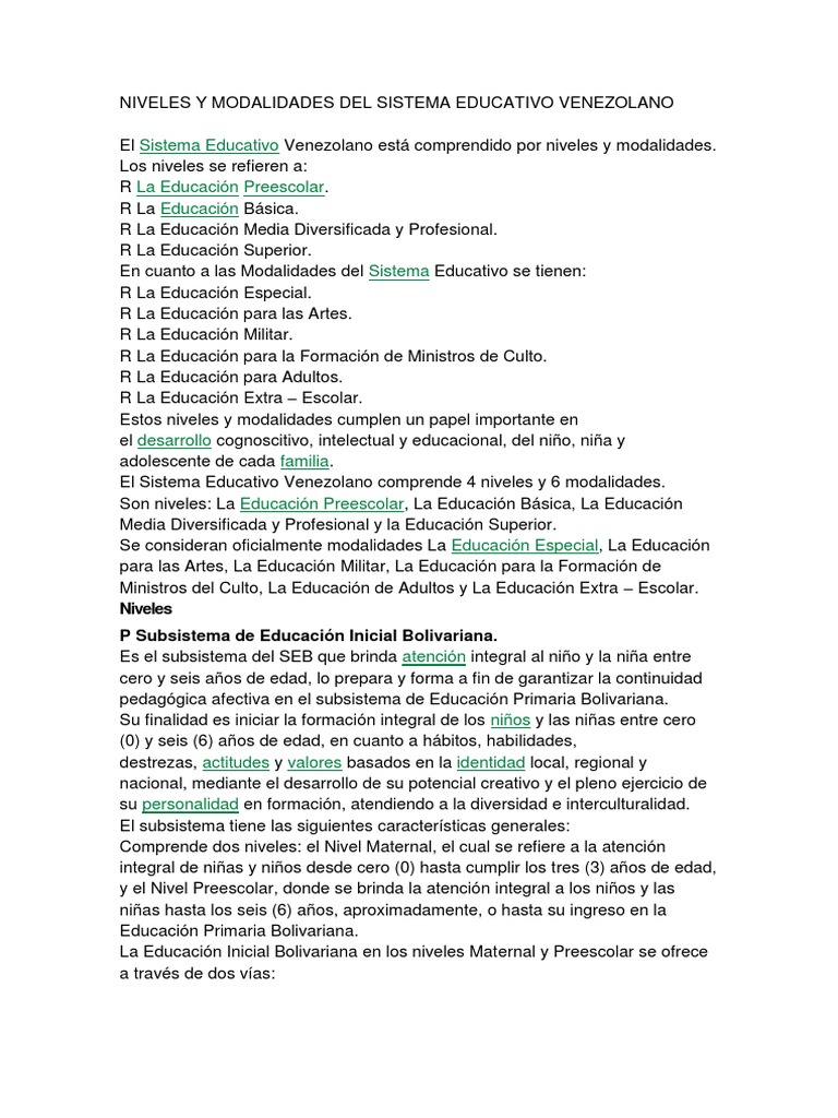 Niveles y modalidades educativas en Venezuela | PDF | Jardín de ...