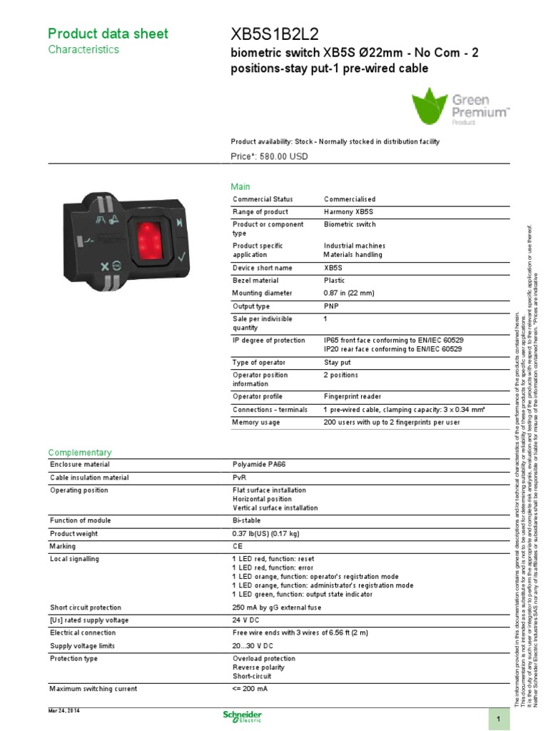 XB5S1B2L2 Biometric Switch Product Data Sheet: Characteristics ...